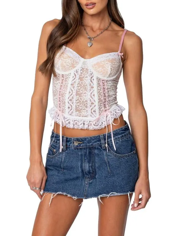 EDIKTED Nicolette Sheer Lace Corset Top - White