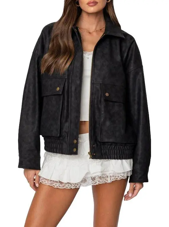 EDIKTED Faux Leather Bomber Jacket - Black