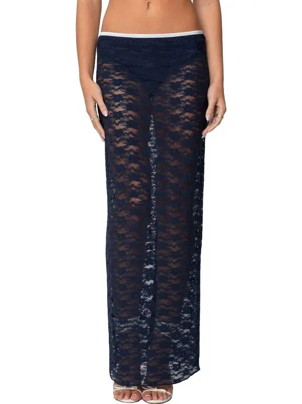 EDIKTED Vara Sheer Lace Maxi Skirt - Navy