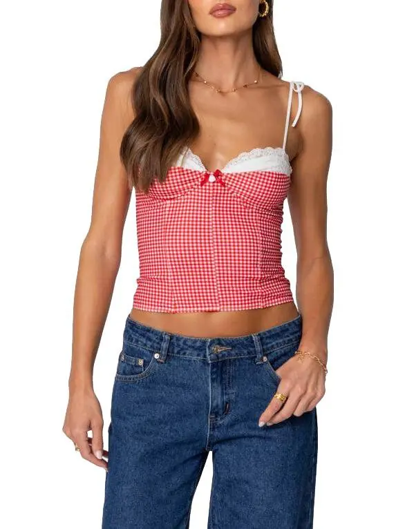 EDIKTED Peekaboo Lacy Gingham Corset Top - Red
