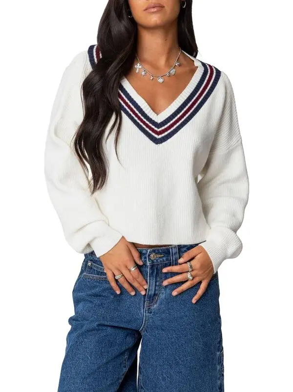 EDIKTED Lauryl Stripe V-neck Sweater - White