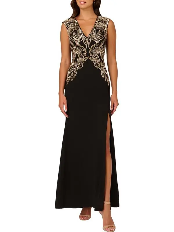Adrianna Papell Floral Beaded Mermaid Gown - Black