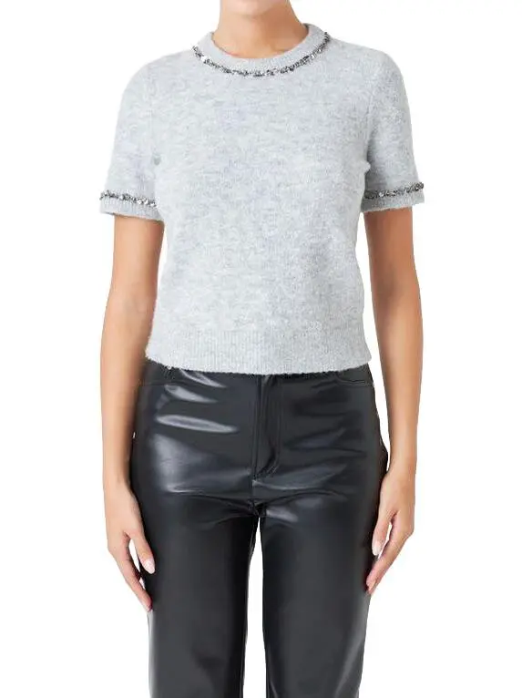 Endless Rose Paillette Trim Short Sleeve Sweater - Heather Grey
