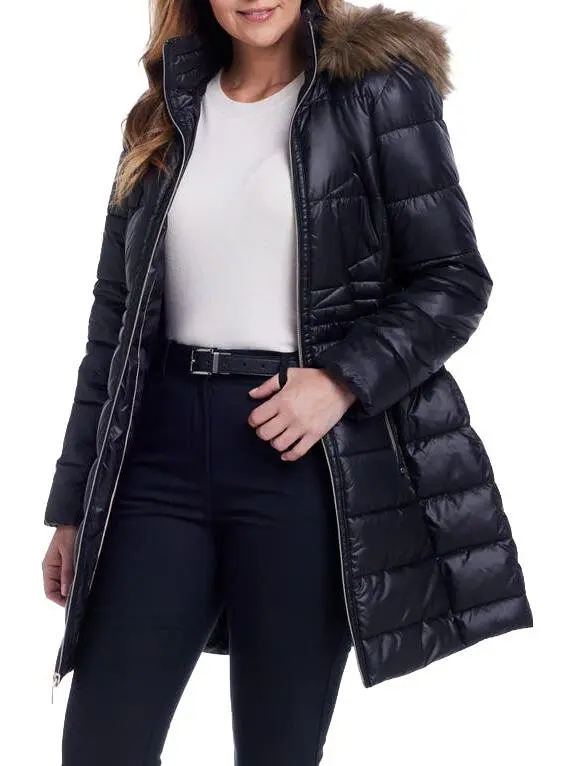 Gallery Water Resistant Puffer Coat With Faux Fur Trim And Removable Hood - Black