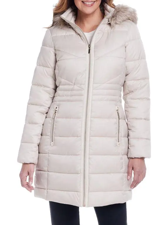 Gallery Water Resistant Puffer Coat With Faux Fur Trim And Removable Hood - Peyote