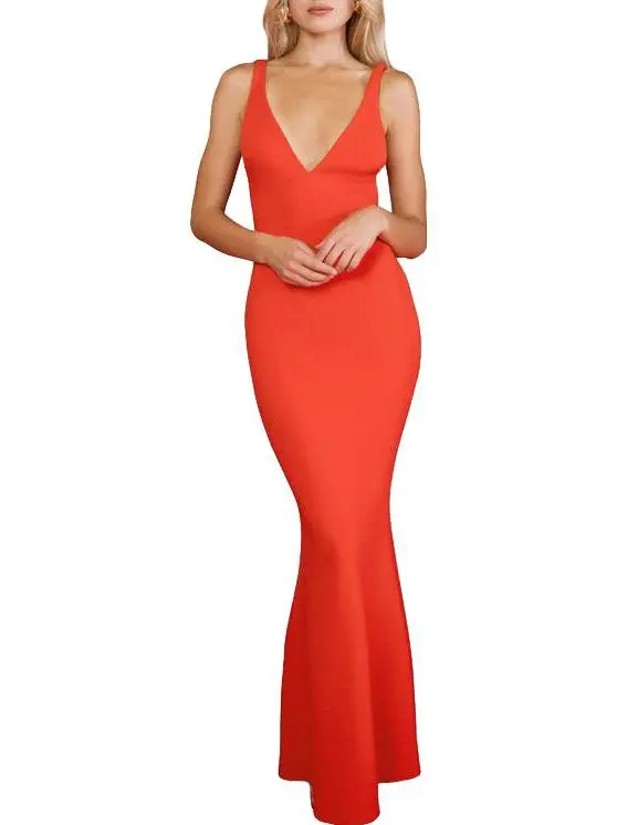 Katie May Tina Deep V-neck Open Back Gown - Cherry