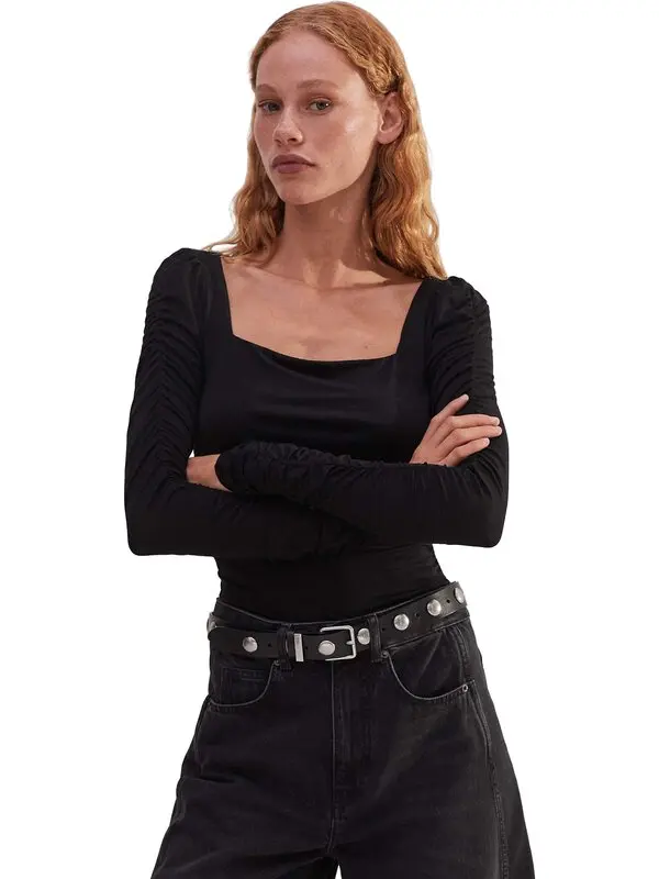 ME+EM Ruched Square Neck Top - Black