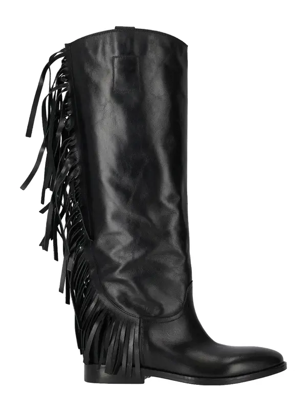 STRATEGIA Fringed Leather Boots - Black