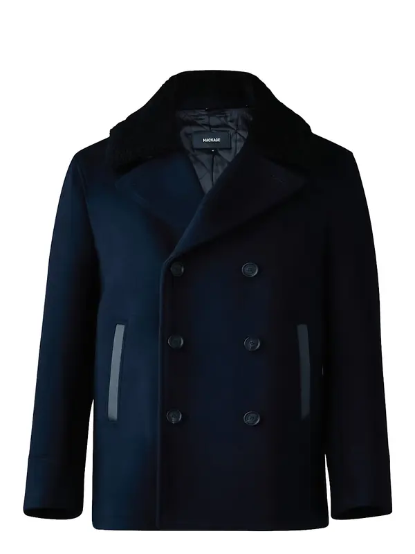 Mackage Cole Wool Pea Coat With Shearling Collar - Navy