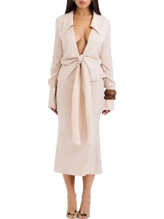 House Of Cb Nevaeh Long Sleeve Midi Shirt Dress - Powder Peach