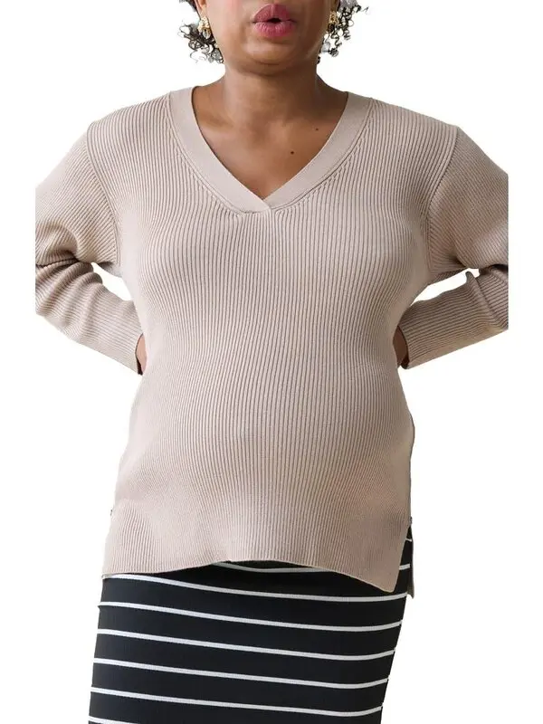 Ingrid & Isabel® Side Zip Rib Maternity/nursing Sweater - Beige