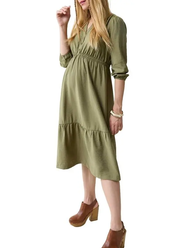 Ingrid & Isabel® Button Front Tiered Woven Maternity/nursing Dress - Olive