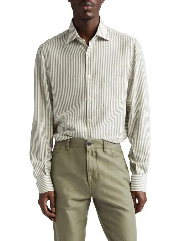Isaia Stripe Cotton & Cashmere Button-up Shirt - White/ Green
