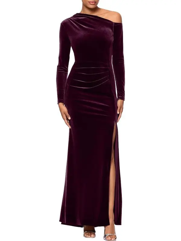 Betsy & Adam One-shoulder Velvet Gown - Maroon