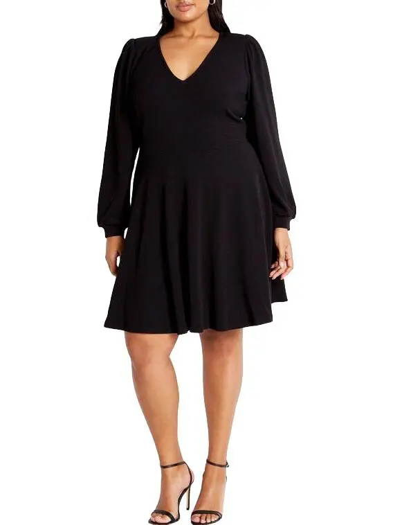 City Chic Karter Long Sleeve Fit & Flare Dress - Black