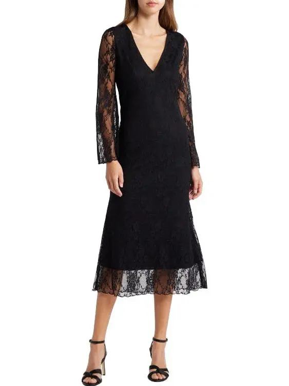 Loveappella Bell Sleeve Lace Overlay Midi Dress - Black