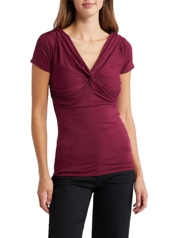 Loveappella Twist Detail Stretch Top - Burgundy