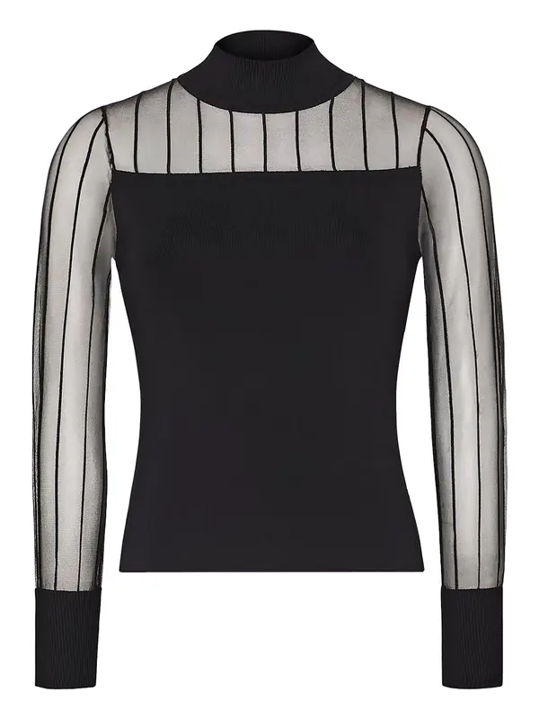 MILLY Krissy Sheer Knit Mockneck Long Sleeve Top - Black