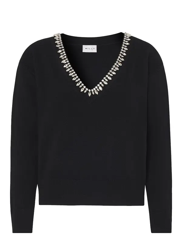 MILLY Kalia Crystal V-neck Long Sleeve Sweater - Black