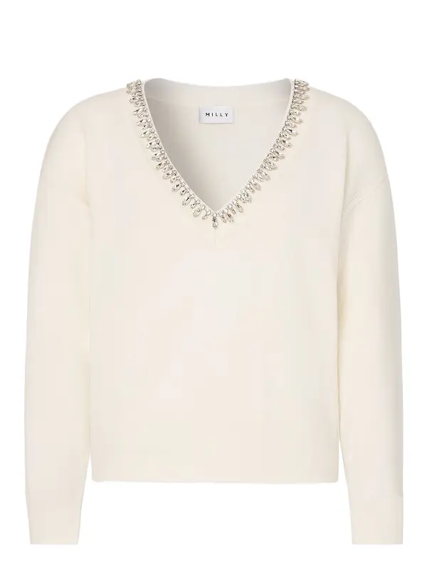 MILLY Kalia Crystal V-neck Long Sleeve Sweater - Ecru