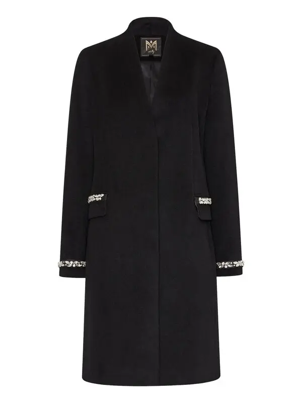MILLY Embellished Trim Long Coat - Black