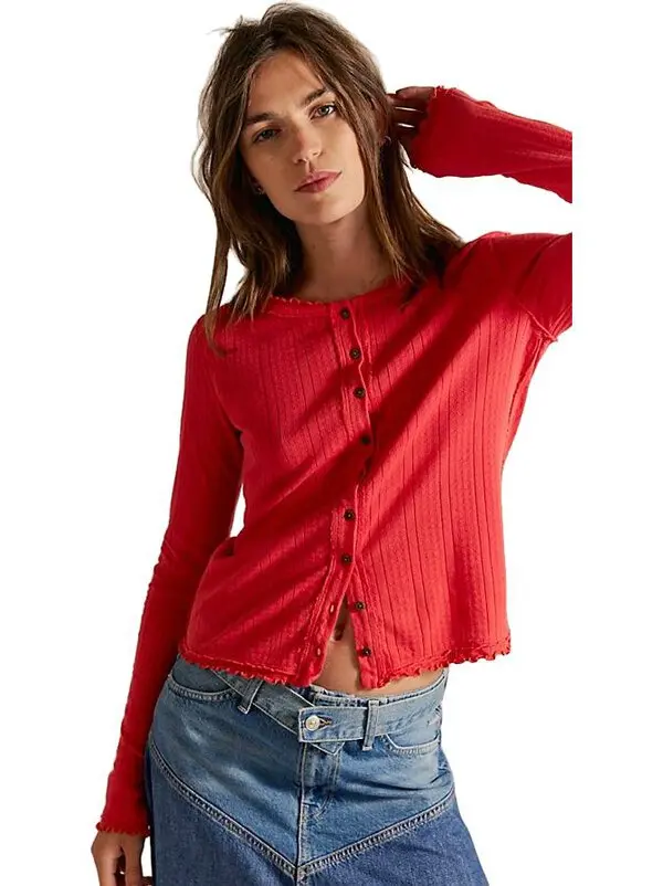 Free People We The Free Penny Pointelle Cardigan - Fiery Red
