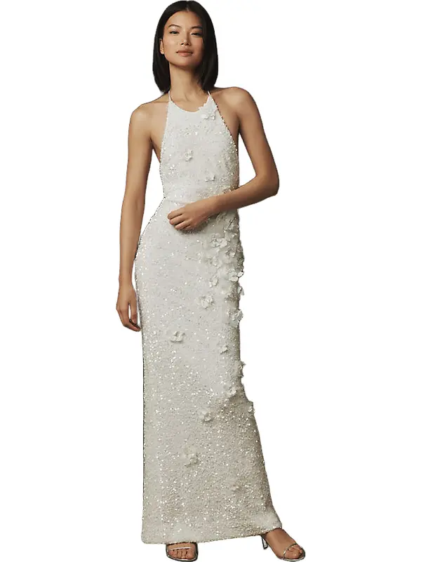 HELSI Brice Halter Sequin Column Maxi Dress - White