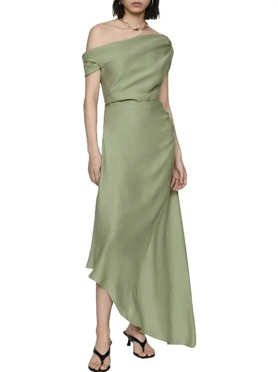 Mango Ruched Asymmetric Hem One-shoulder Dress - Medium Green