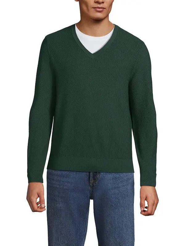 LANDS' END Long Sleeve Washable Merino Wool V-neck Sweater - Dark Evergreen
