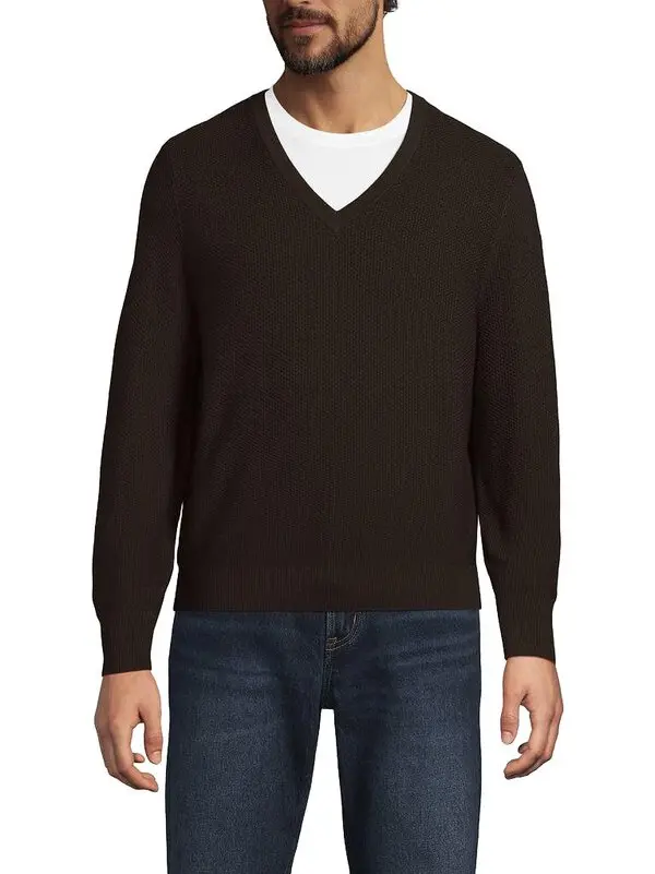 LANDS' END Long Sleeve Washable Merino Wool V-neck Sweater - Rich Coffee