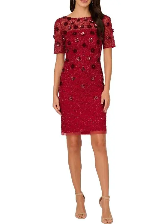 Adrianna Papell Sequin Mesh & Velvet Cocktail Sheath Dress - Cranberry