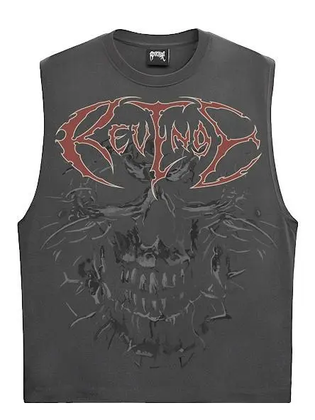 REVENGE Skull Flame Cut Off Tank - Vintage Black