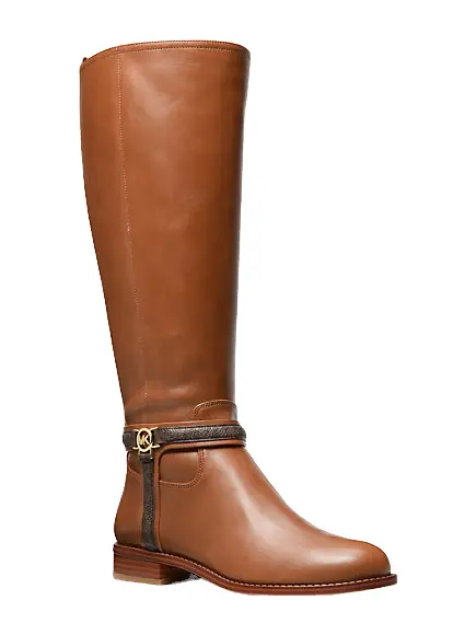 Michael Kors Mindy Leather Wide Calf Boots With Signature Logo Trim - Brown