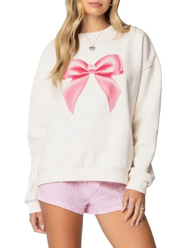 EDIKTED Bow Graphic Oversized Sweatshirt - Cream