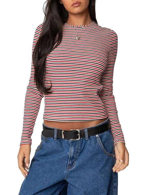 EDIKTED Corina Stripe Rib Top - Red Mix