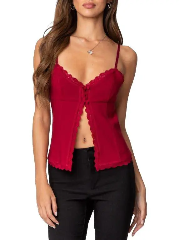 EDIKTED Lace Trim Split Front Camisole - Burgundy