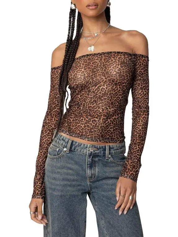 EDIKTED Print Sheer Mesh Top - Leopard
