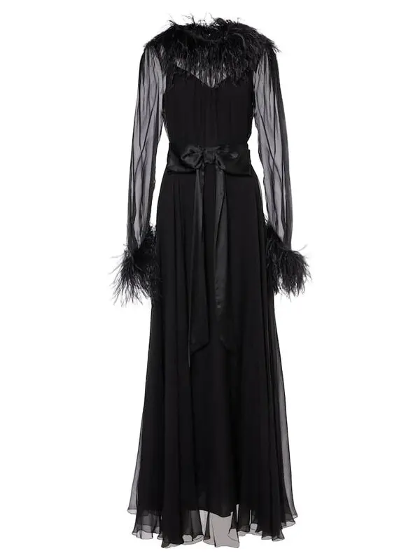 Dolce & Gabbana Feather-trimmed Silk Chiffon Gown - Black