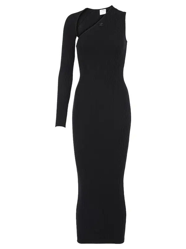 COURREGES Asymmetric Ribbed-knit Midi Dress - Black