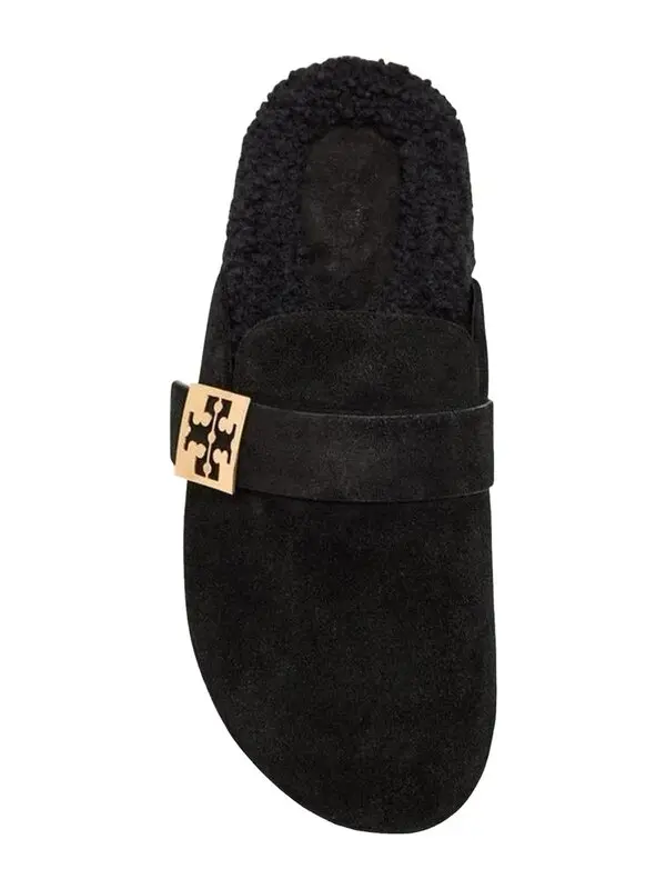 Tory Burch Mellow Suede Shearling Loafer Mules - Black