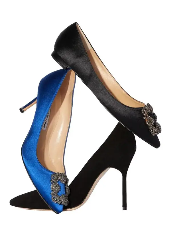 Manolo Blahnik Hangisi Crystal-buckle Satin Flats - Black