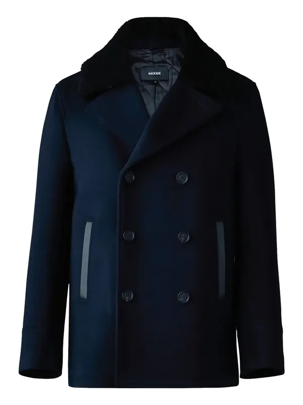 Mackage Cole Wool Pea Coat With Shearling Collar - Navy