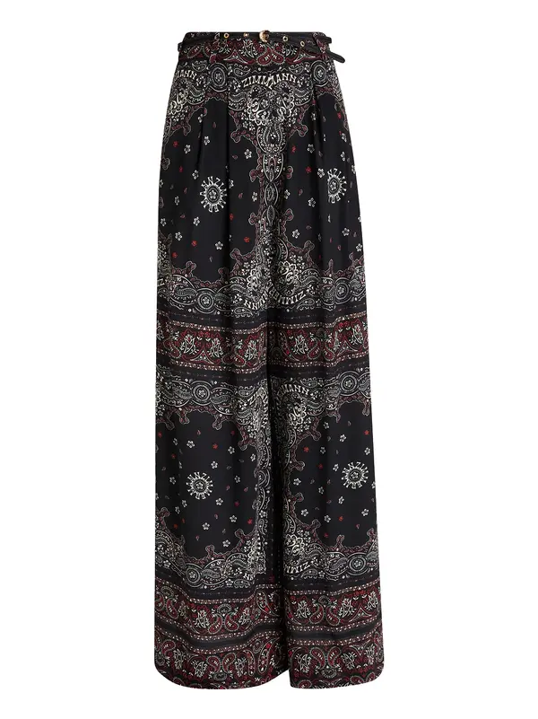Zimmermann Belted Paisley-print Crepe De Chine Wide-leg Pants - Black