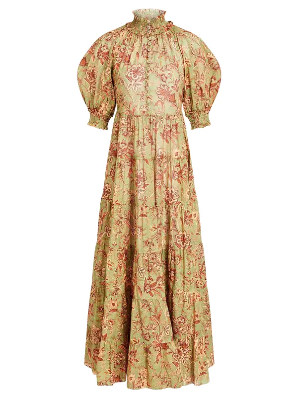 Zimmermann Floral-print Tiered Cotton Maxi Dress - Sage Green