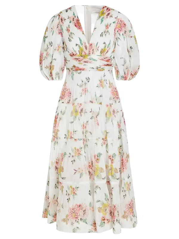 Zimmermann Floral-print Plissé-organza Midi Dress - White