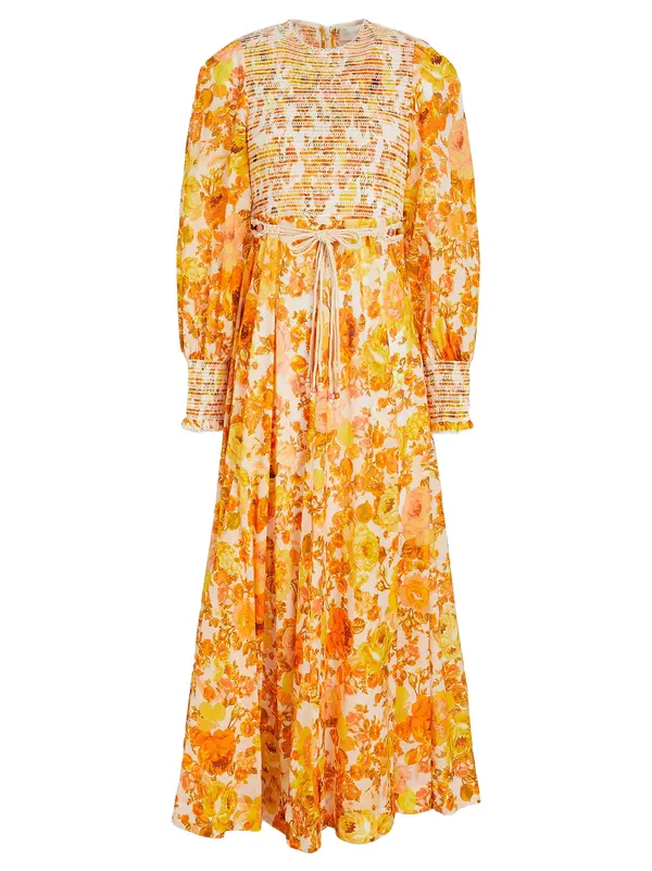 Zimmermann Shirred Floral-print Cotton Maxi Dress - Orange