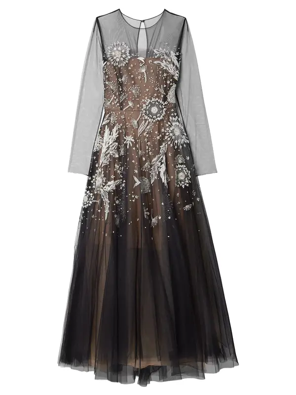Oscar De La Renta Embellished Embroidered Tulle Maxi Dress - Black