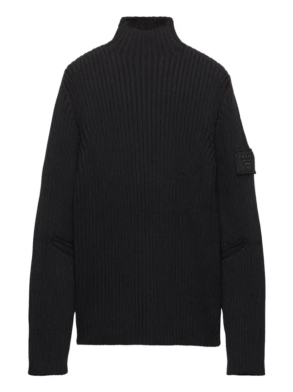 Prada Logo-patch Ribbed Knit Wool Sweater - Black