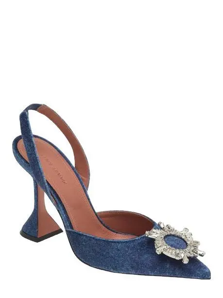 Amina Muaddi Begum Crystal Slingback Pumps - Velvet Denim White Crystals