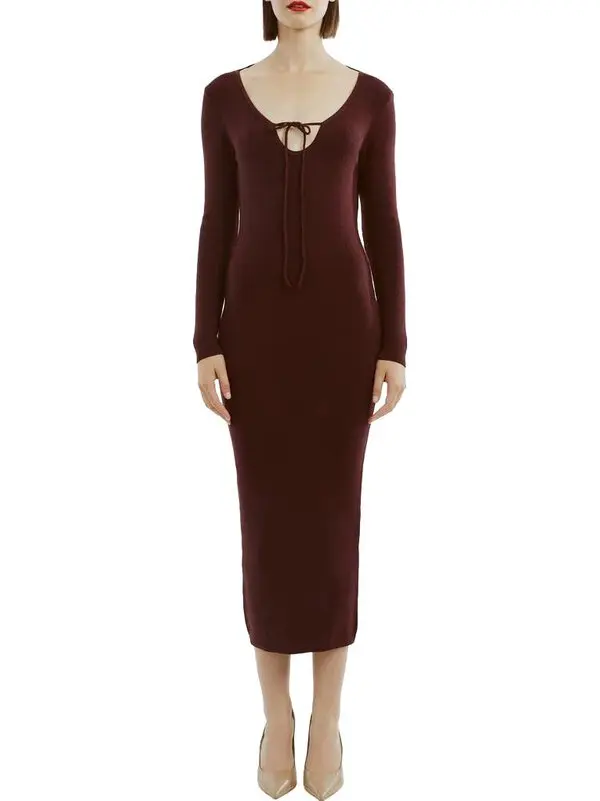 Bardot Verona Long Sleeve Rib Sweater Dress - Burgundy